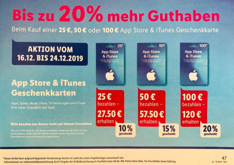 iTunes-Karten mit bis zu 20 Euro Bonus-Guthaben bei Lidl, REWE ...